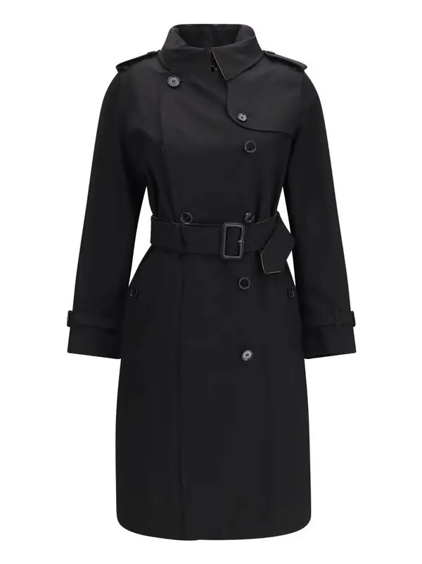 Burberry Long Gabardine Trench Coat With Check Collar - Black