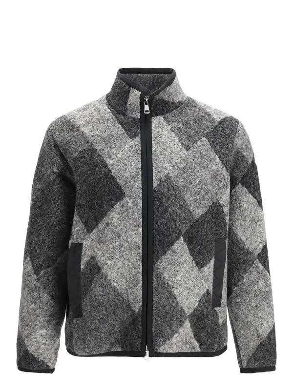Moncler Wool Blend Zip Cardigan With Diamond Pattern - Grey