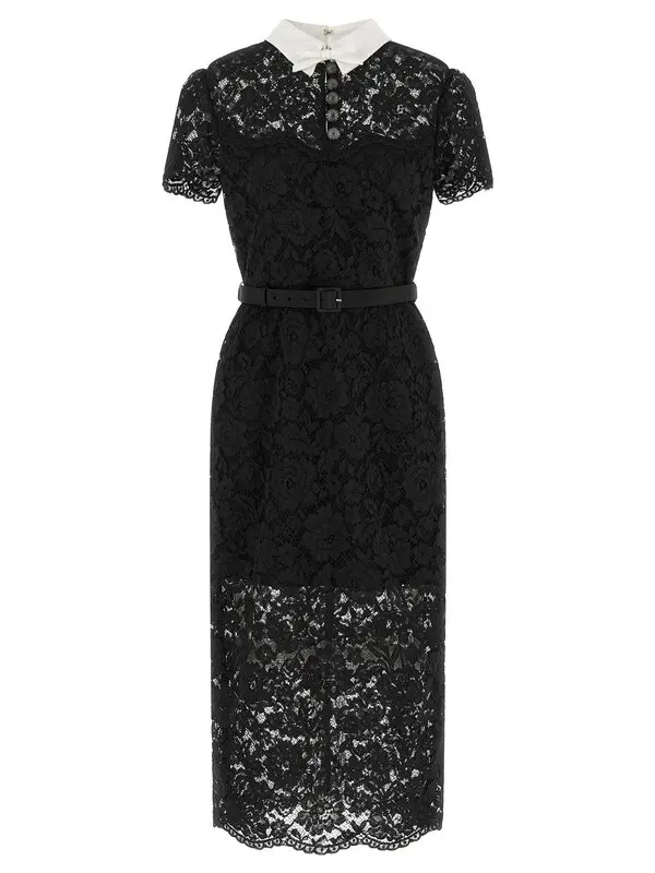 SELF-PORTRAIT Lace Midi Dress With Collar - Black