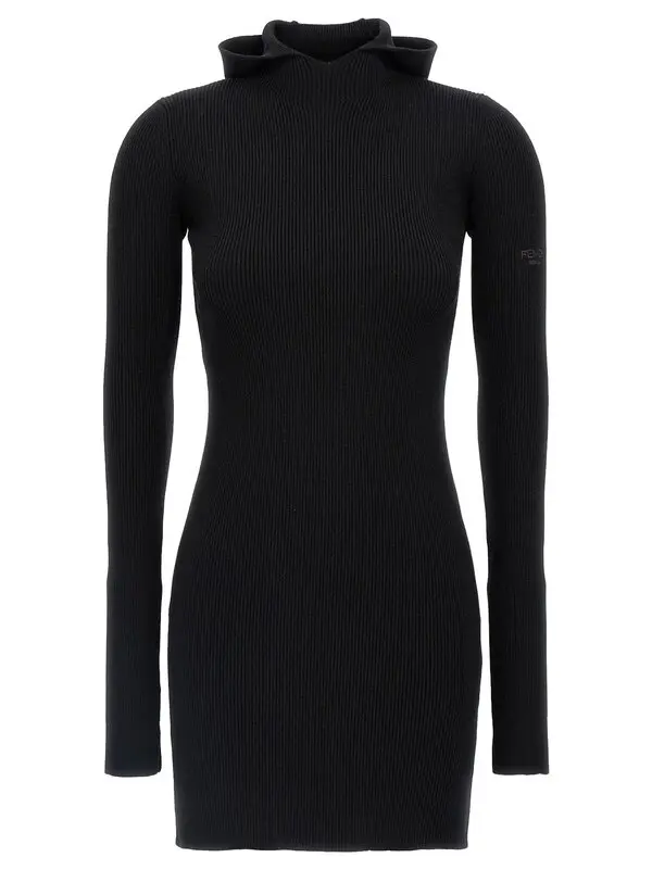 Fendi Ribbed Wool And Silk Hooded Dress - Black