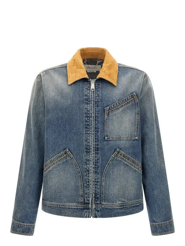 Alexander McQueen Suede Collar Denim Jacket - Blue