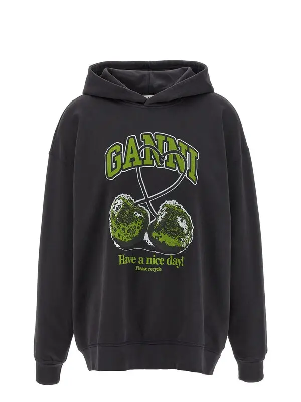 GANNI Cotton Cherry Print Hoodie - Gray