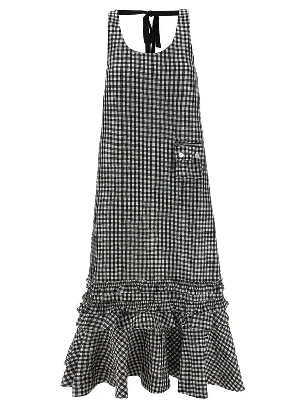 GANNI Crinkled Check Long Dress - Black