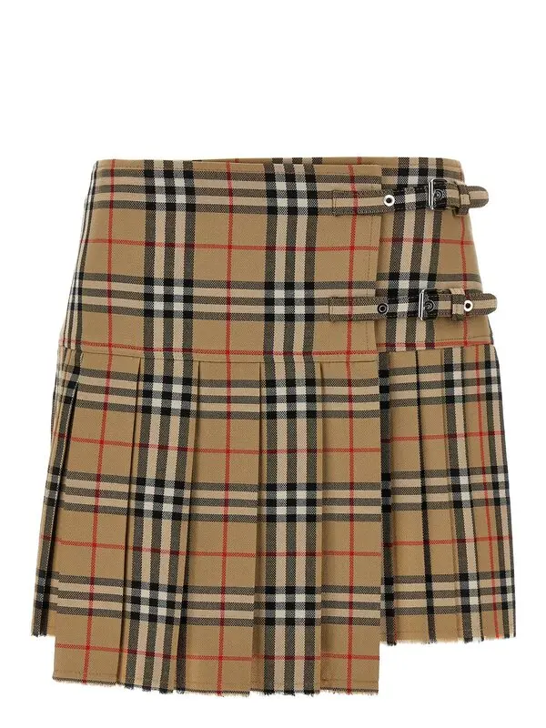 Burberry Check Wool Kilt Skirt - Beige