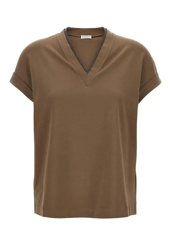 Brunello Cucinelli Monile Stretch Cotton V-neck T-shirt - Brown