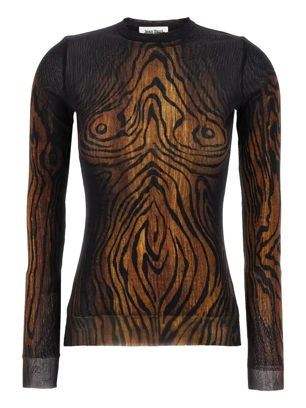 JEAN PAUL GAULTIER Wood Print Stretch Tulle Top - Multi