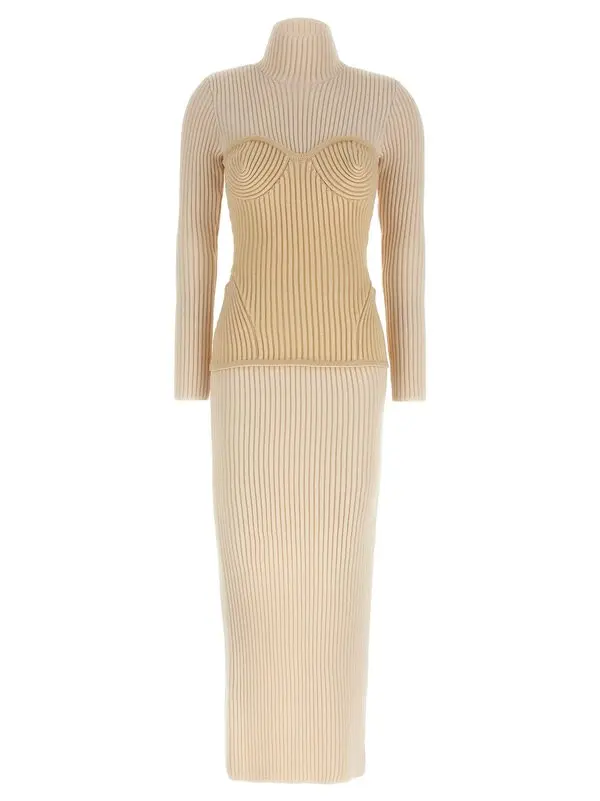 JEAN PAUL GAULTIER Ribbed Merino Wool Trompe L'oeil Corset Dress - Beige