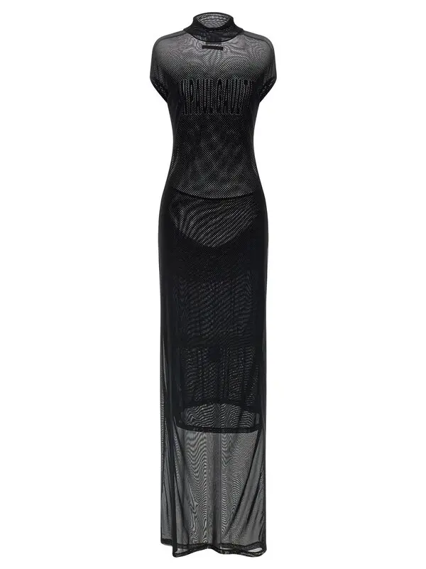 JEAN PAUL GAULTIER Flocked Mesh Long Dress - Black