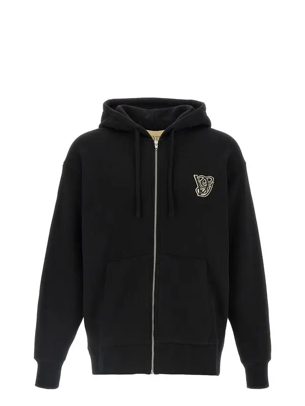 Valentino Garavani Vg Patch Brushed Cotton Hoodie - Black