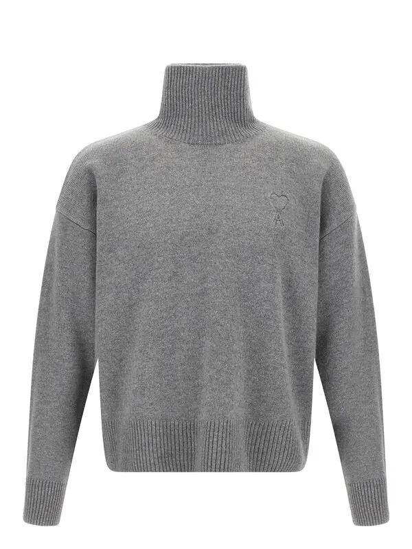 AMI Paris Puff Logo Wool And Cashmere Sweater - Gray