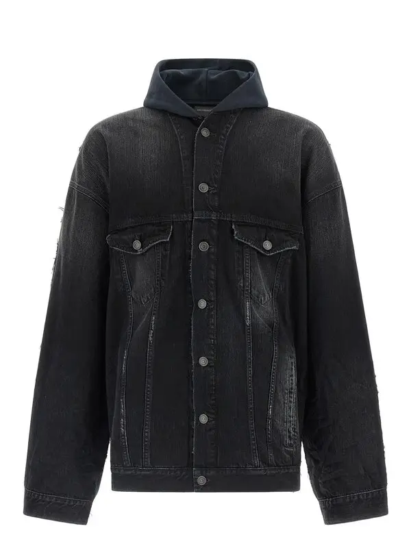 Balenciaga Hybrid Denim And Brushed Cotton Hoodie Jacket - Black