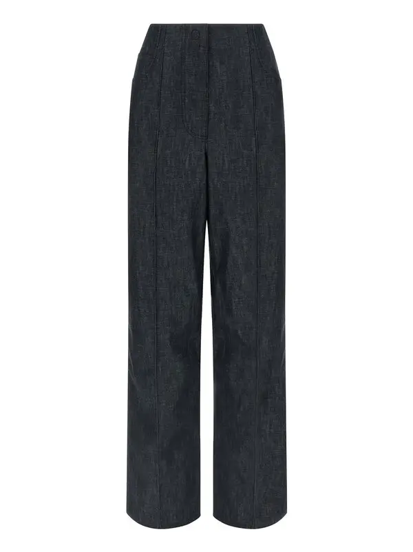Fendi Chambray Wide Leg Jeans With Leather Logo Patch - Blue