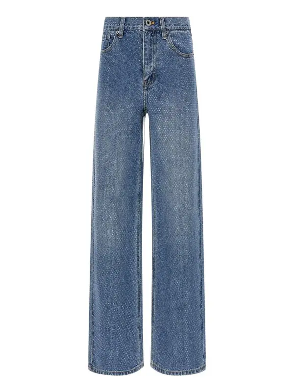 SELF-PORTRAIT Rhinestone Denim Straight Leg Jeans - Blue