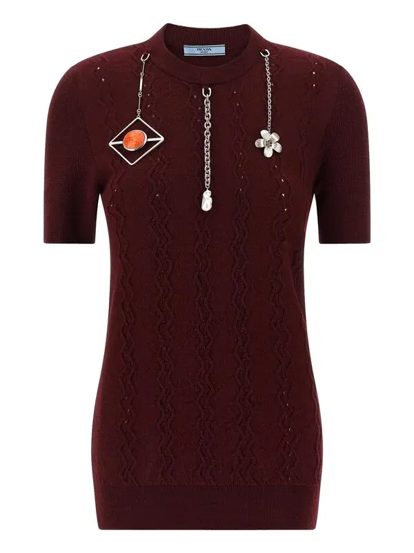 Prada Charms Virgin Wool Short Sleeve Sweater - Bordeaux