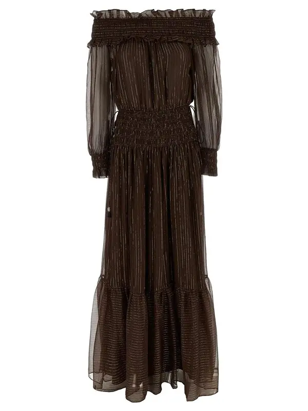 SELF-PORTRAIT Georgette Off Shoulder Maxi Dress - Brown