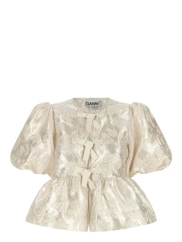 GANNI Satin Peplum Jacquard Blouse - White