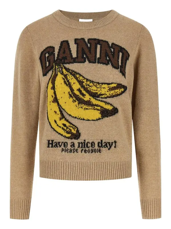 GANNI Banane Graphic Wool Blend Pullover - Beige