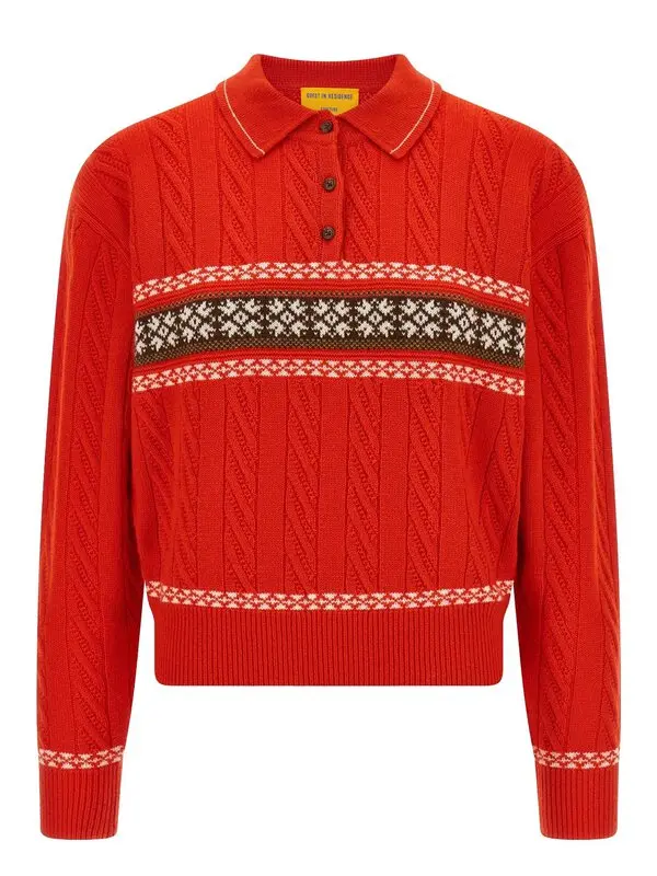 Guest In Residence Cable Collegiate Polo Sweater - Red