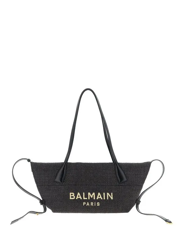 Balmain Track Small Raffia Shopper Bag - Black