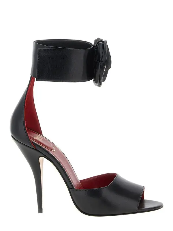 Valentino Garavani Drip Rose Kid Leather Sandals - Black