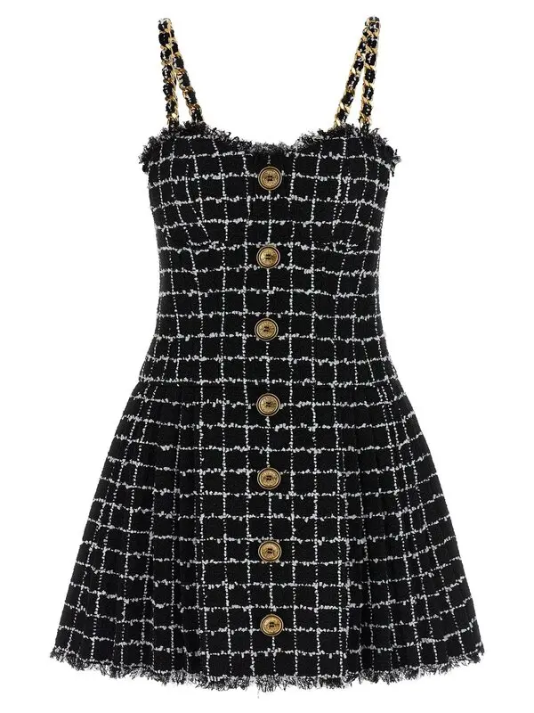 Balmain Check Tweed Mini Dress - Black