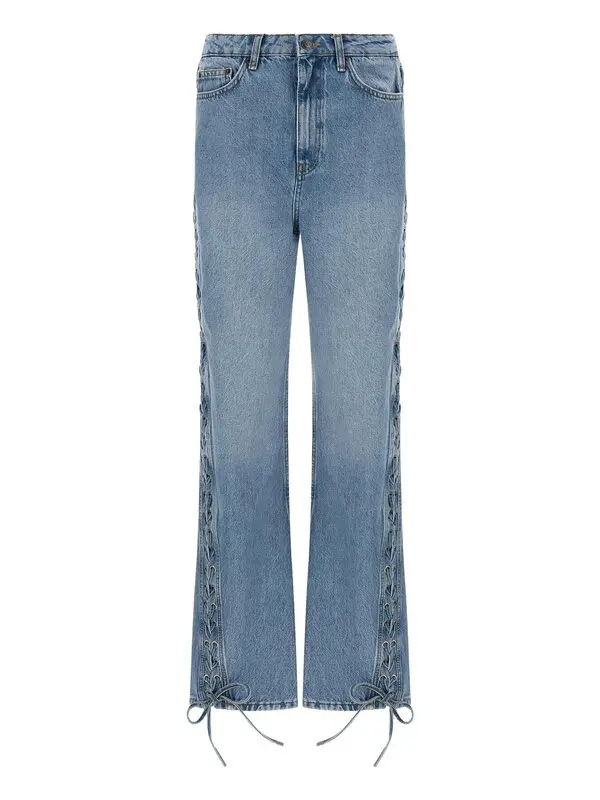 ROTATE BY BIRGER CHRISTENSEN Twisted Lacing Cotton Denim Jeans - Light Blue