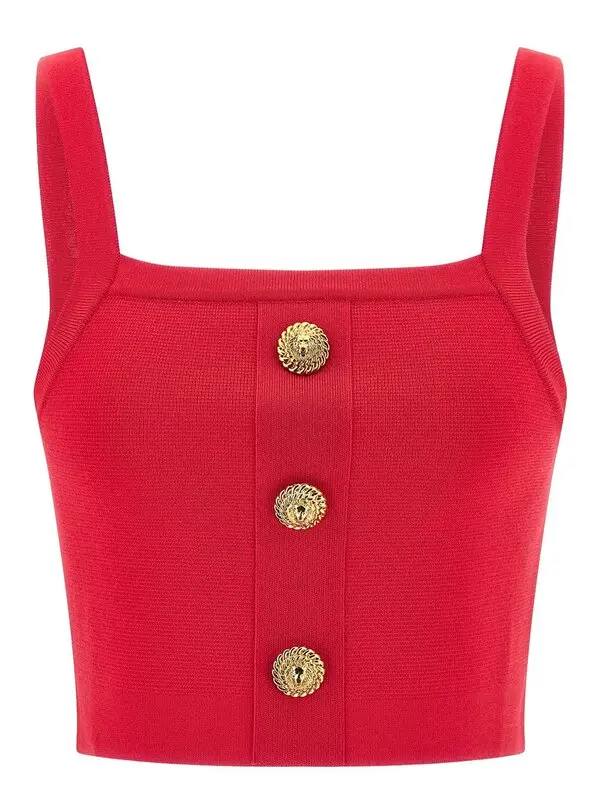 Balmain Viscose Knit Cropped Top With Gold-tone Buttons - Fuchsia
