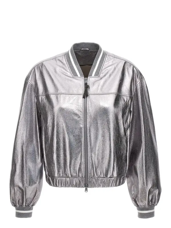 Brunello Cucinelli Laminated Leather Bomber Jacket - Silver