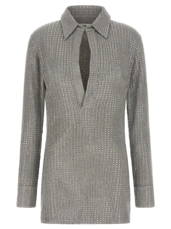 Attico Rhinestone Embellished Ribbed Mini Dress - Gray