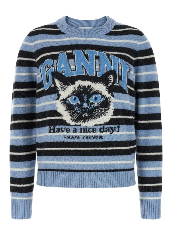 GANNI Graphic Striped Wool Sweater - Light Blue