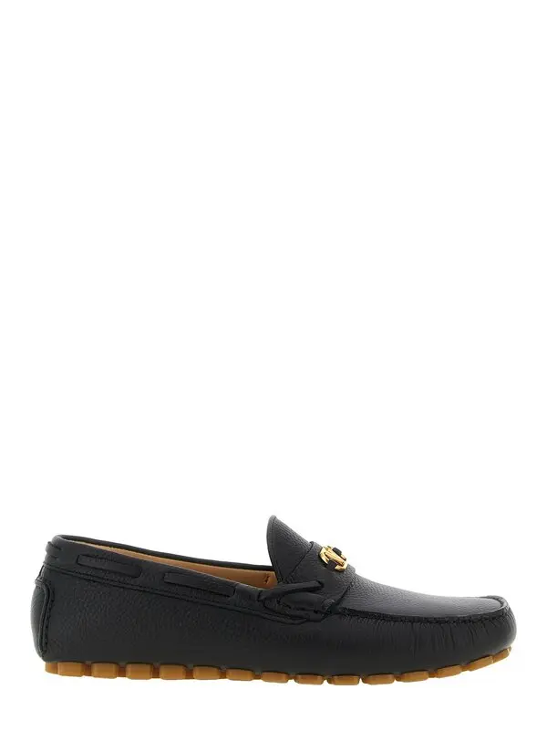 Valentino Garavani Hammered Leather Driver Fastaway Loafers - Black