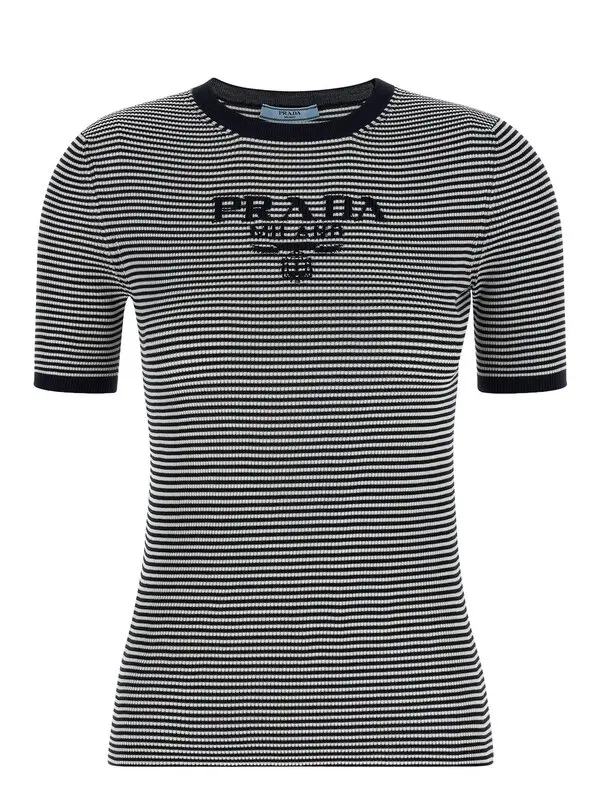 Prada Striped Silk T-shirt - Blue