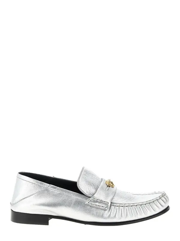 Versace La Medusa Laminated Nappa Leather Loafers - Silver