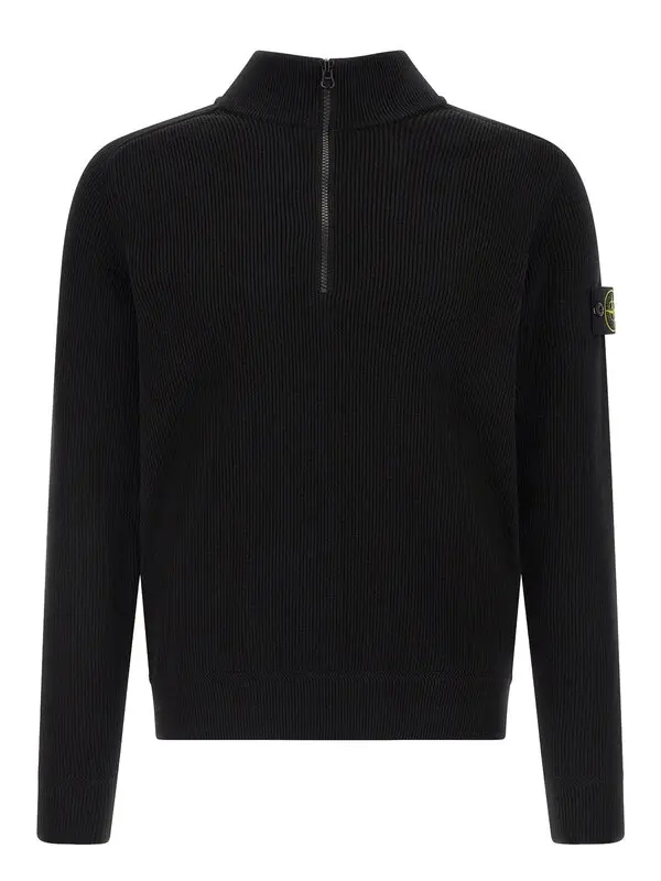 Stone Island Ribbed Cotton Half Zip Sweater - Black