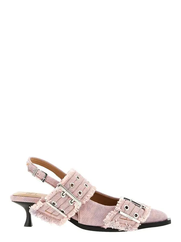 GANNI Buckled Fringed Denim Slingback Pumps - Pink