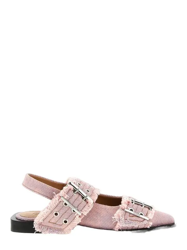 GANNI Buckled Fringed Denim Slingback - Pink
