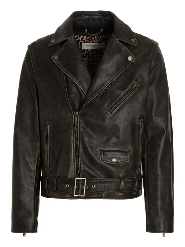 GOLDEN GOOSE Vintage Effect Leather Biker Jacket - Black