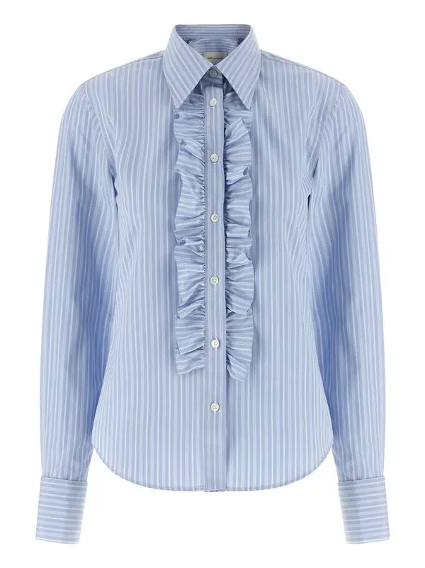 AMI Paris Striped Cotton Poplin Jabot Shirt - Light Blue