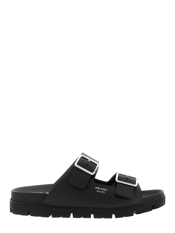 Prada Rubber Slides With Logo Detail - Black