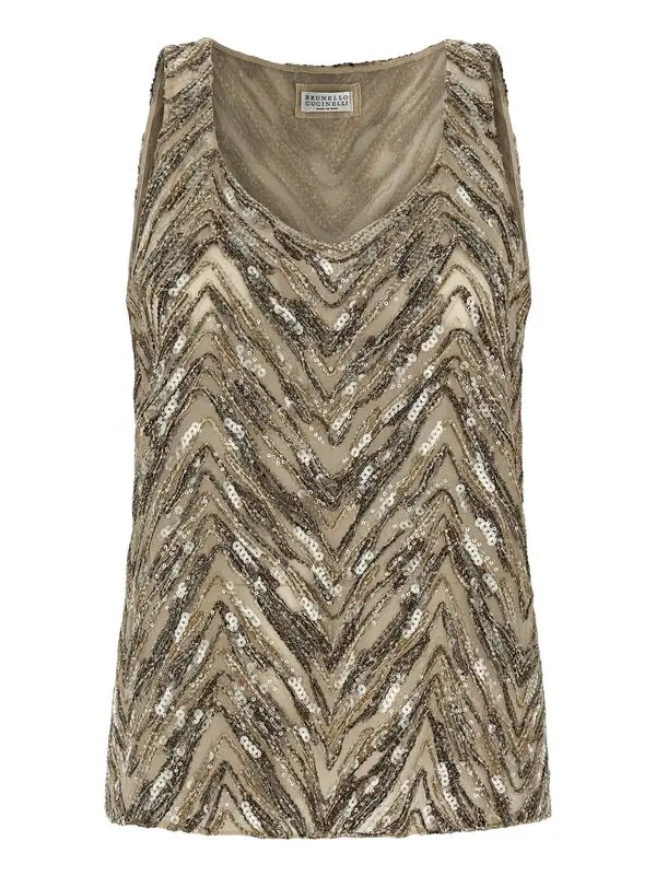 Brunello Cucinelli Dazzling Chevron Embroidery Silk Top - Beige