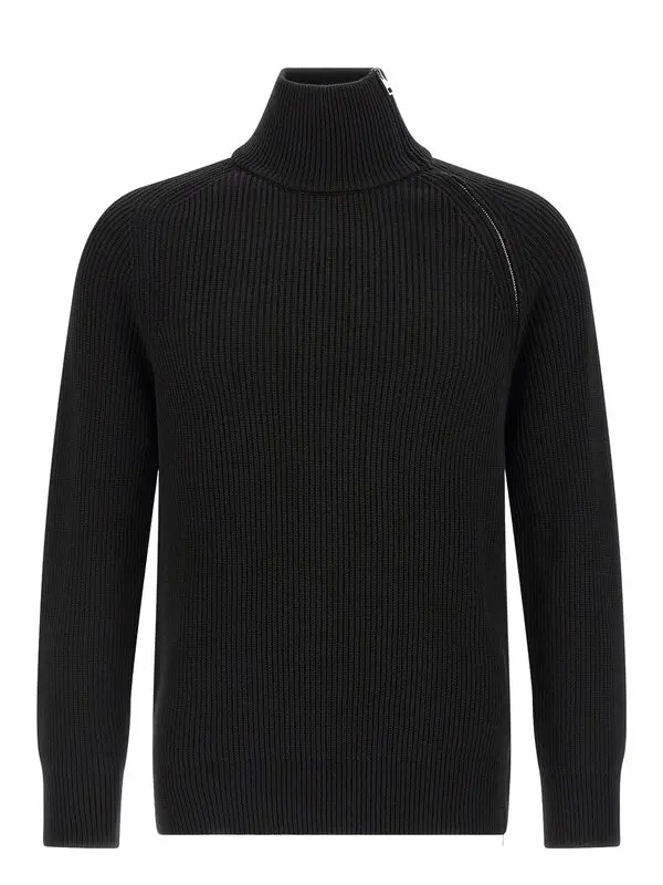 RIVIERA PROJECT Asymmetrical Zip Ribbed Knit Sweater - Black