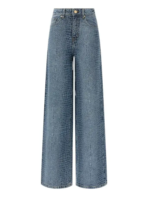 SELF-PORTRAIT Rhinestone Croc Effect Cotton Denim Jeans - Blue