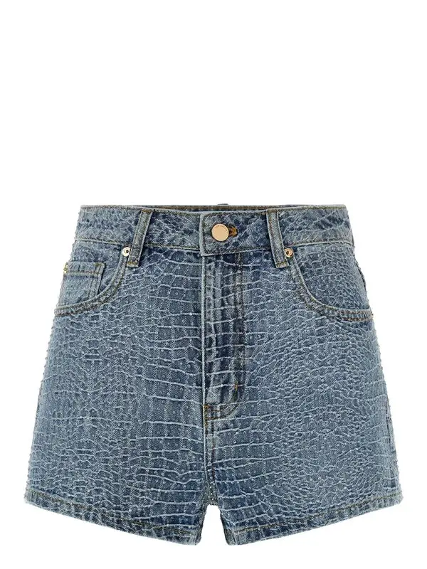 SELF-PORTRAIT Rhinestone Denim Shorts - Light Blue