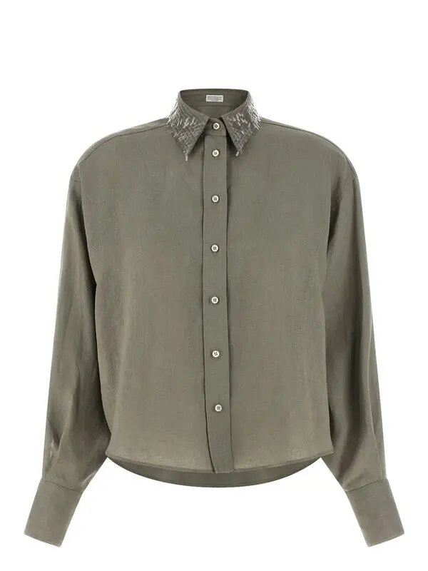 Brunello Cucinelli Sequin Collar Linen Shirt - Green