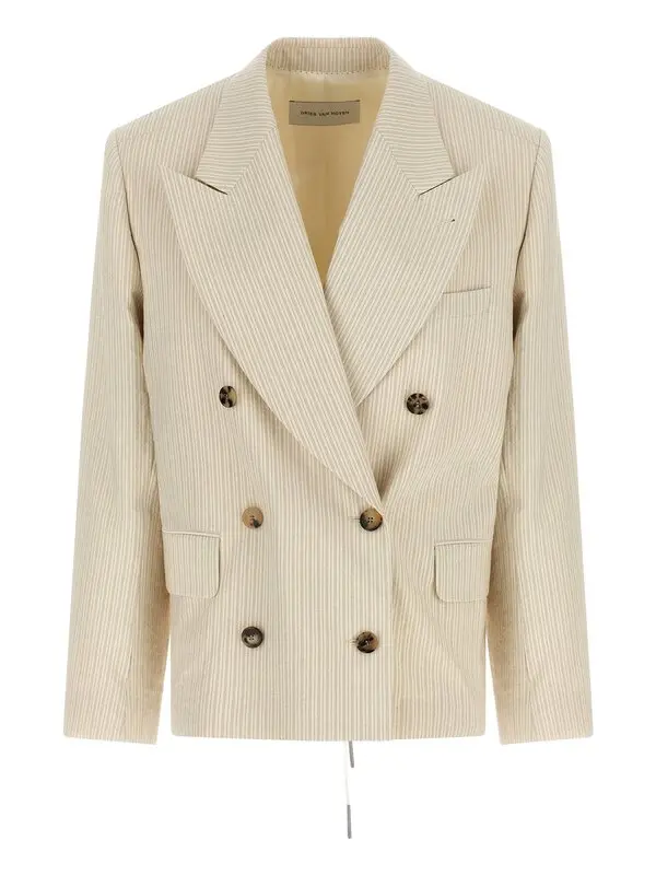 Dries Van Noten Striped Crinkled Cotton Blend Blazer - Beige