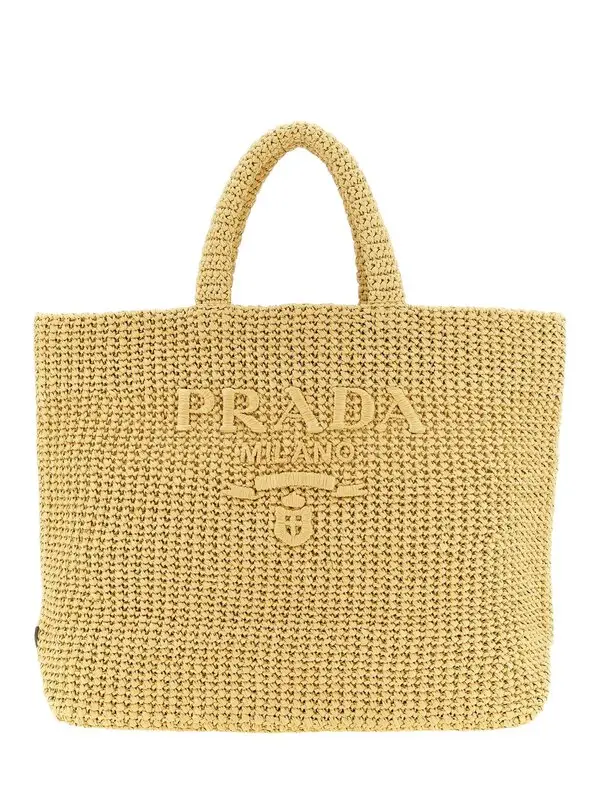 Prada Crochet Raffia Shopping Bag - Beige