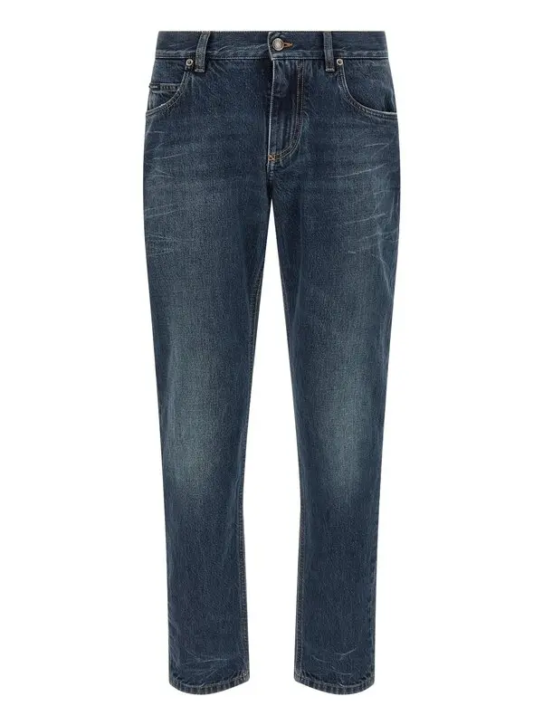 Dolce & Gabbana Logo Embroidery Stonewashed Denim Jeans - Blue