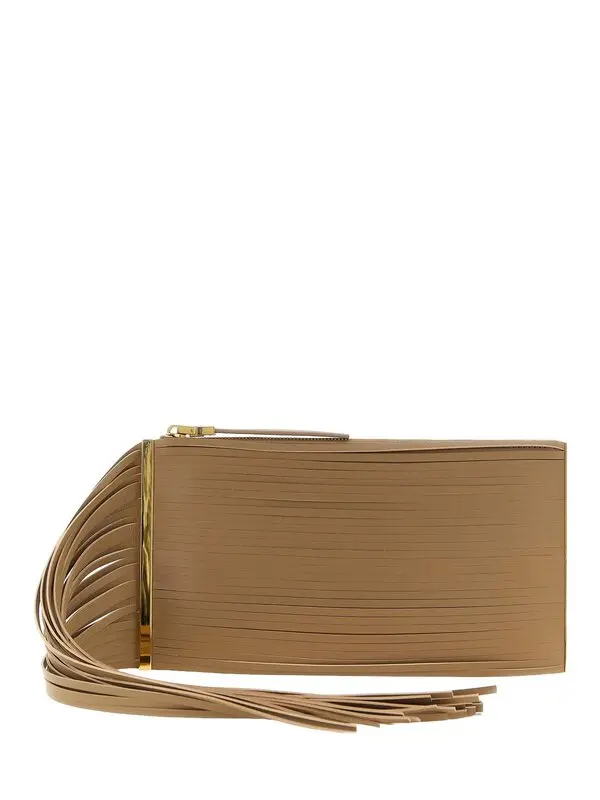 Elisabetta Franchi Fringed Leather Clutch Bag - Beige