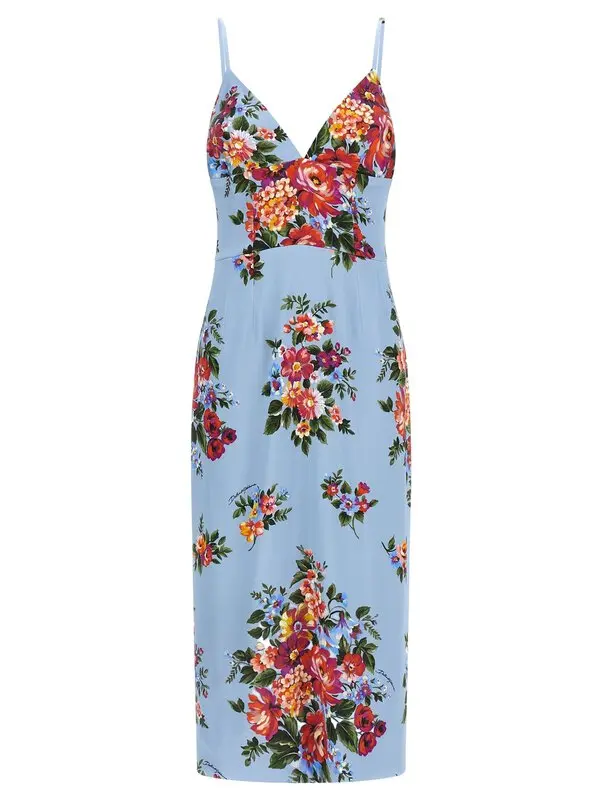 Dolce & Gabbana Mazzo Di Fiori Print Satin Midi Dress - Light Blue