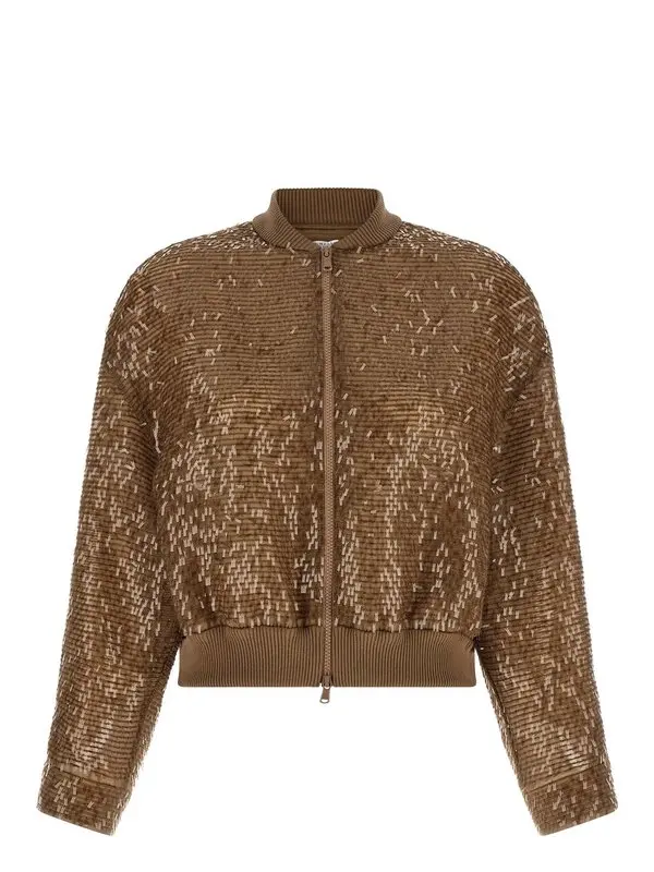 Brunello Cucinelli Sequin-embroidered Silk Bomber Cardigan - Brown
